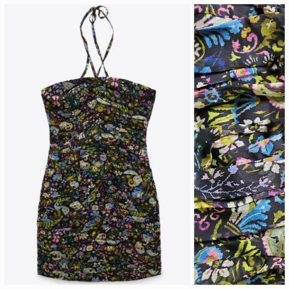 Zara | Dresses | Zara Bodycon Floral Mini Dress S Ruched Sweetheart ...